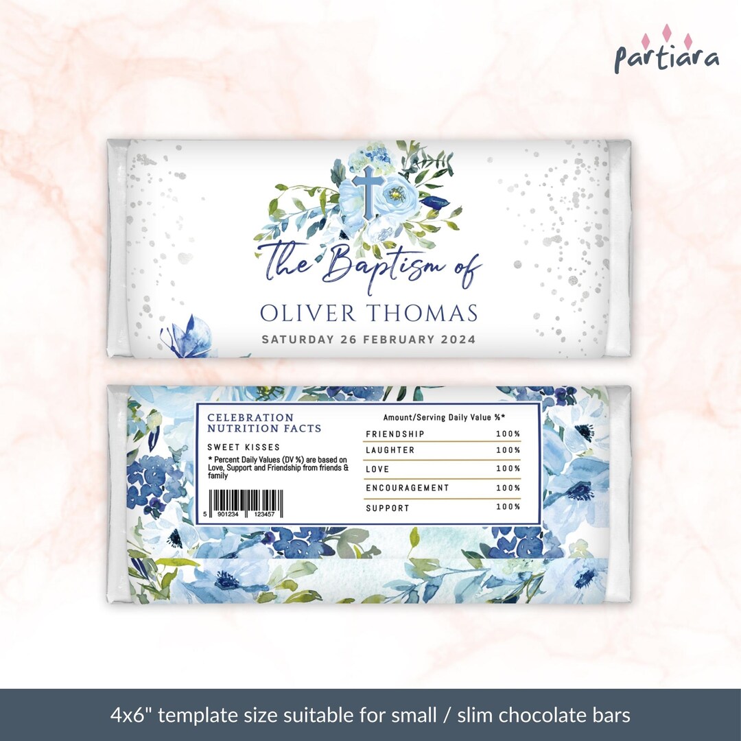 Blue Baptism Chocolate Bar Wrap, Small Candy Floral Wrapper Label ...