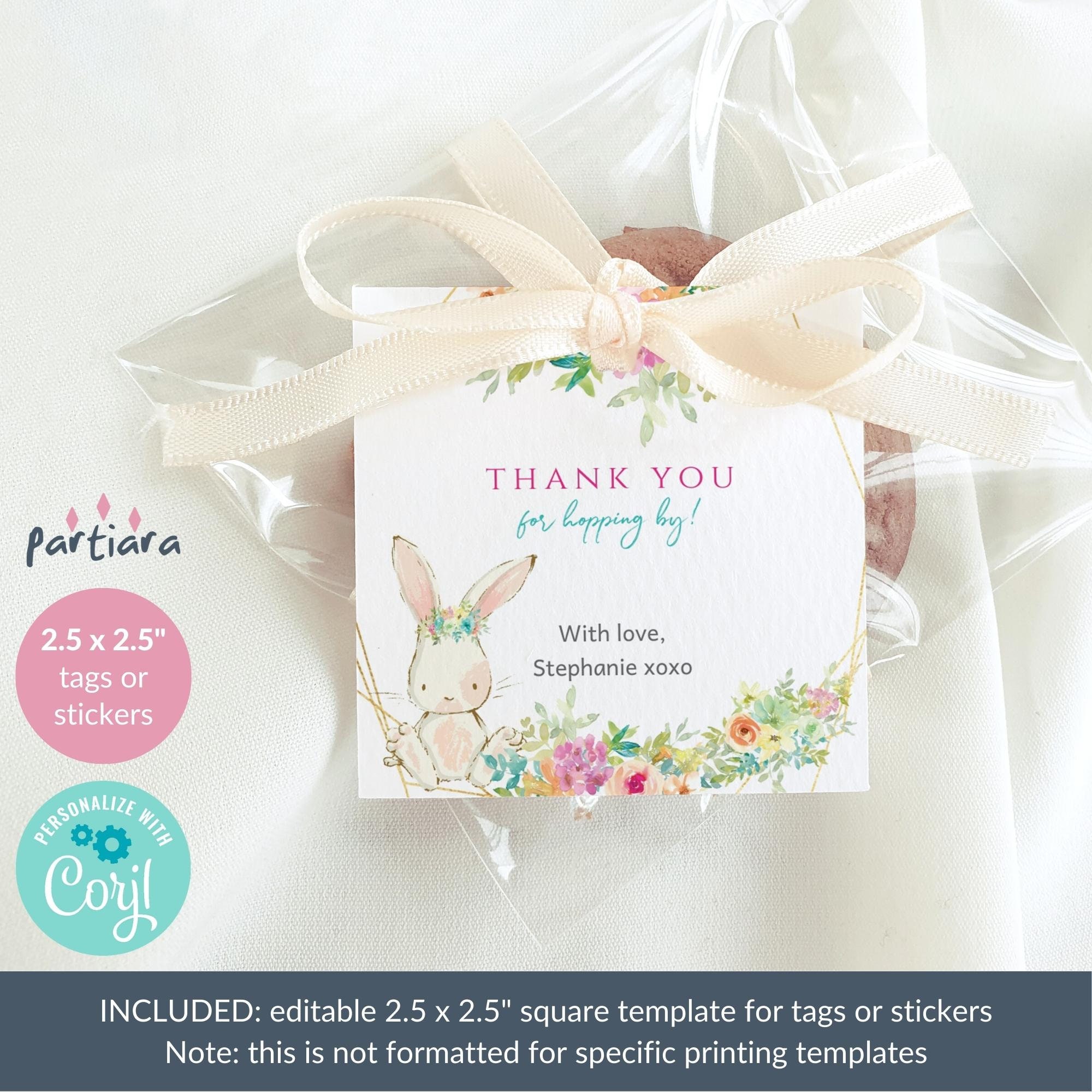 Floral Bunny Gift Tag, Thank You Birthday Favors Printable, Girls 1st ...