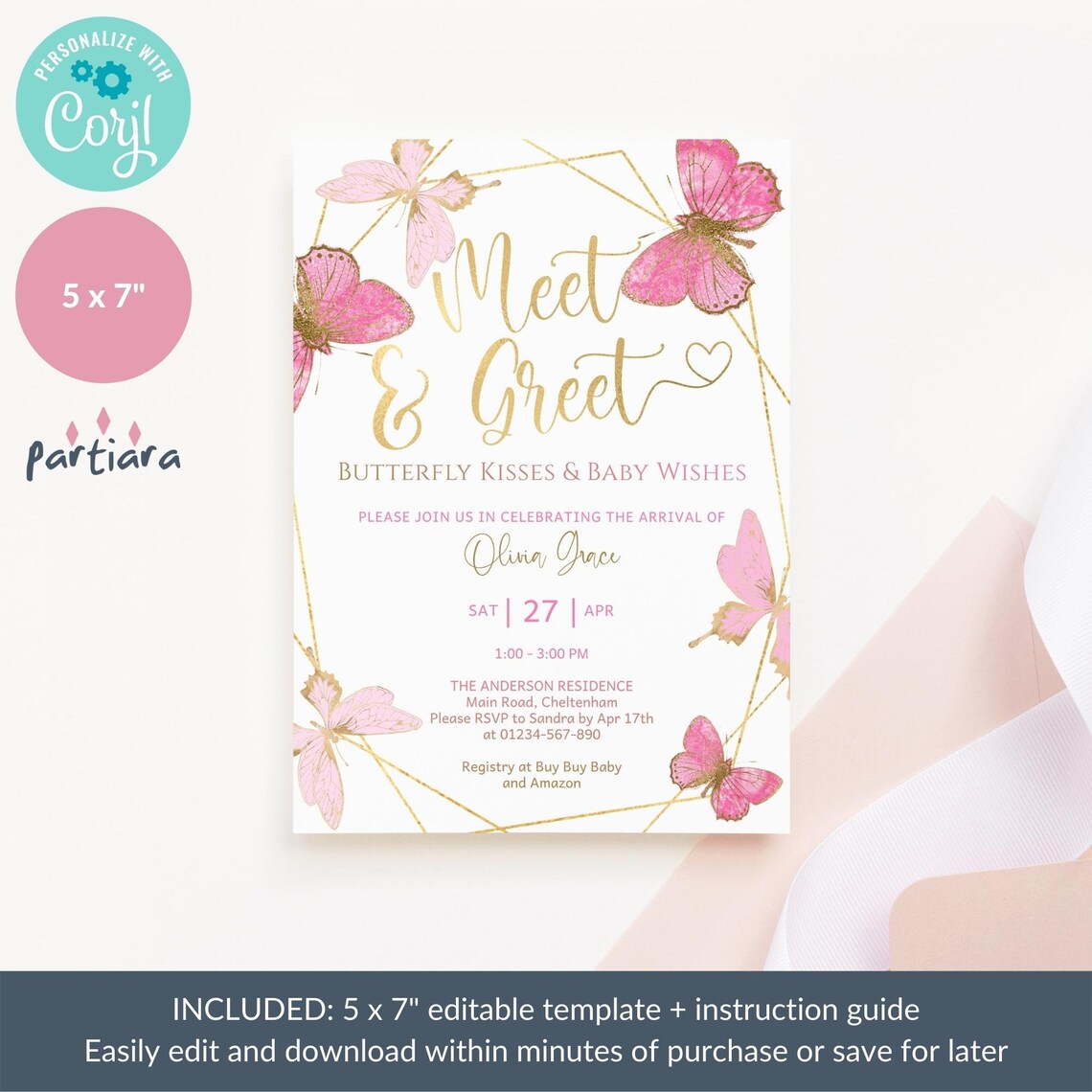 New Baby Girl Meet and Greet Invitation DIY Editable Pink and Gold ...