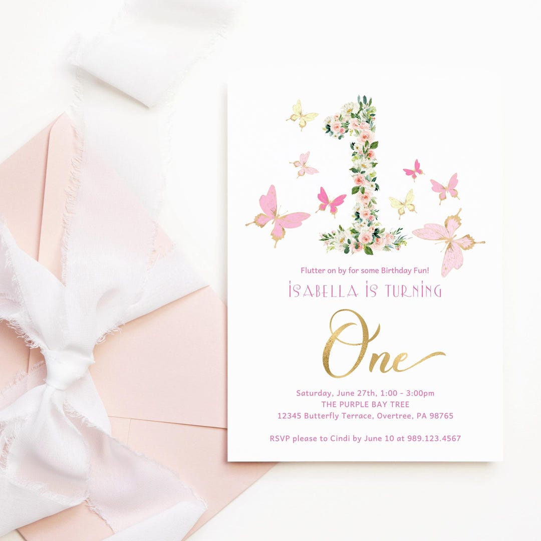 1st Birthday Butterfly Invitation Template Girls, Floral Butterflies ...