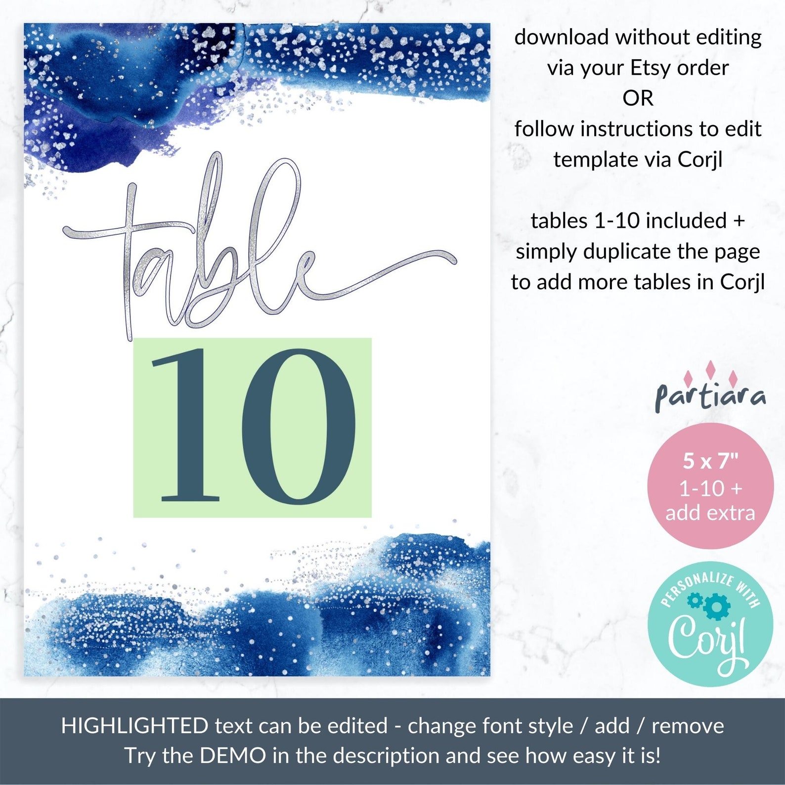 Table Numbers Royal Blue Printable, Silver Blues Birthday Dinner Party ...