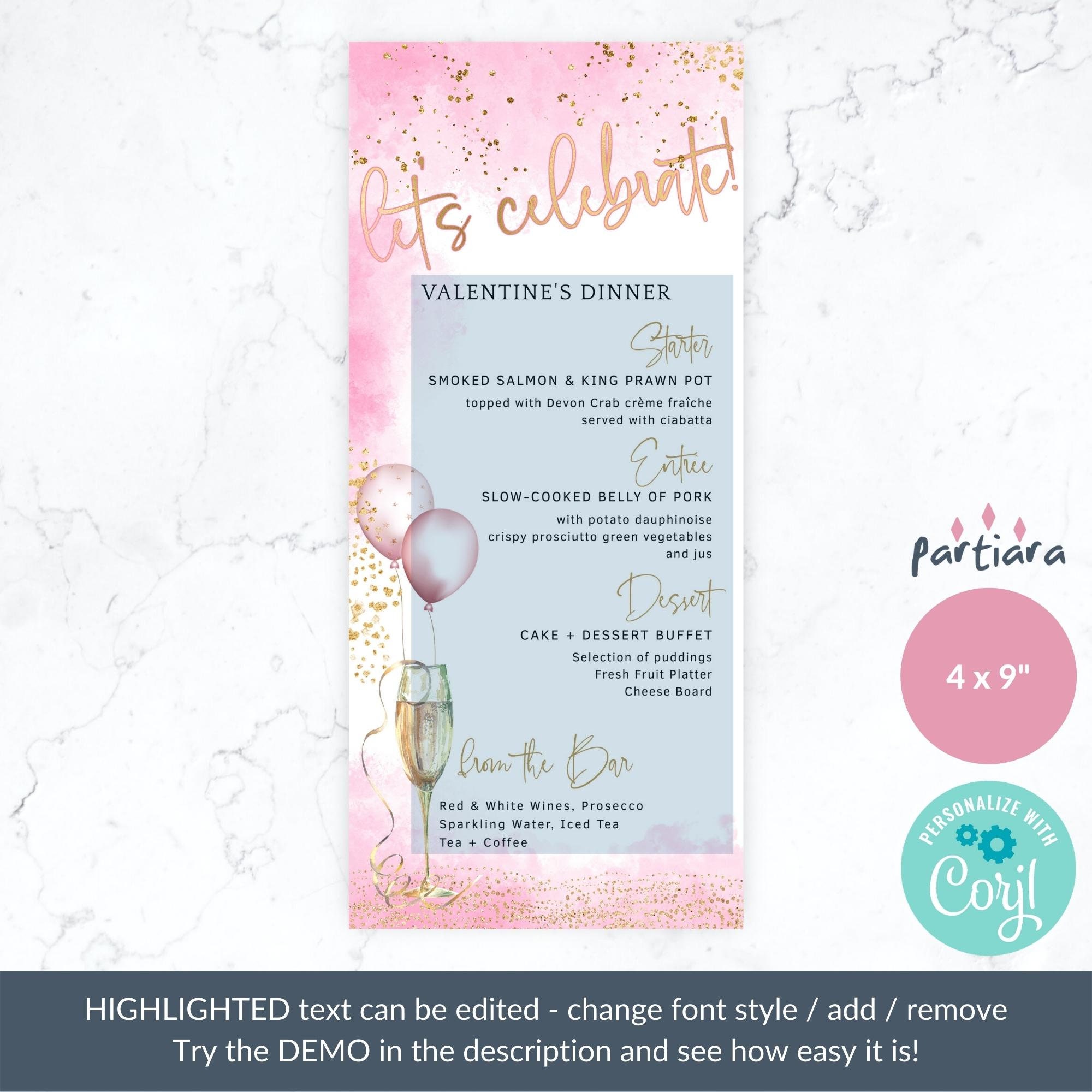 Candy Pink Gold Menu Card Printable Ladies Teens Girls - Etsy