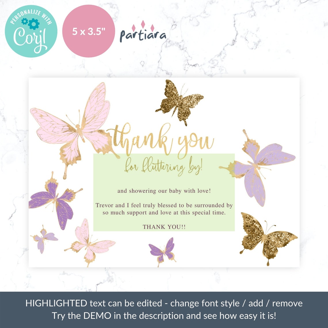 Butterfly Thank You Card Girl Baby Shower 1st Birthday Baptism Party ...