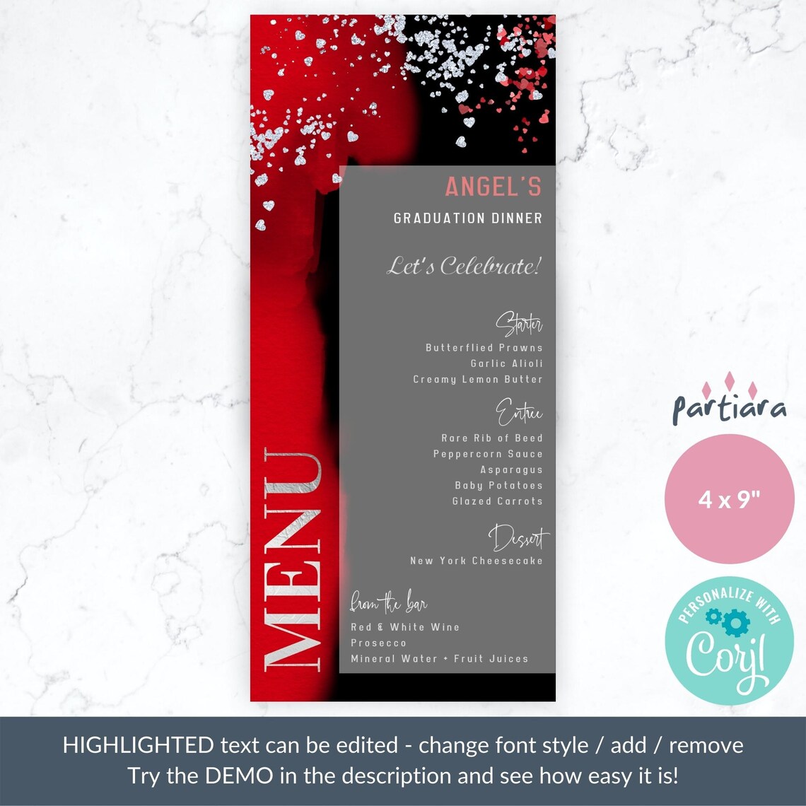 Red Silver Black Menu Card Printable Graduation Dinner Party - Etsy