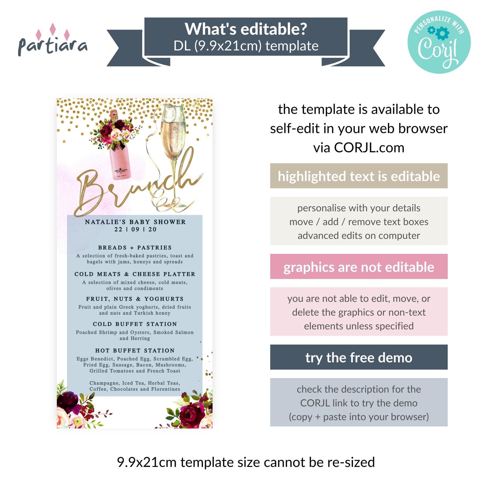 Editable Brunch Menu Template, Printable Champagne Brunch Birthday ...