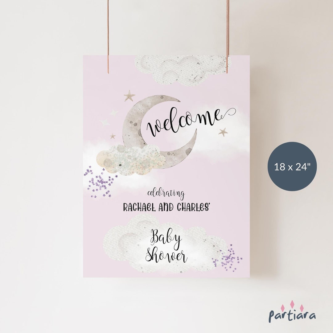 Baby Girl Moon Welcome Sign, Baby Shower Welcome Board Printable ...