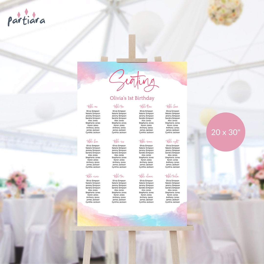 Birthday Seating Chart Rainbow Party Baptism Printable for Girls, Sweet ...