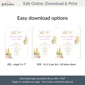 Princess Menu Card Printable Fairytale Party Menus Girl Baby Shower ...