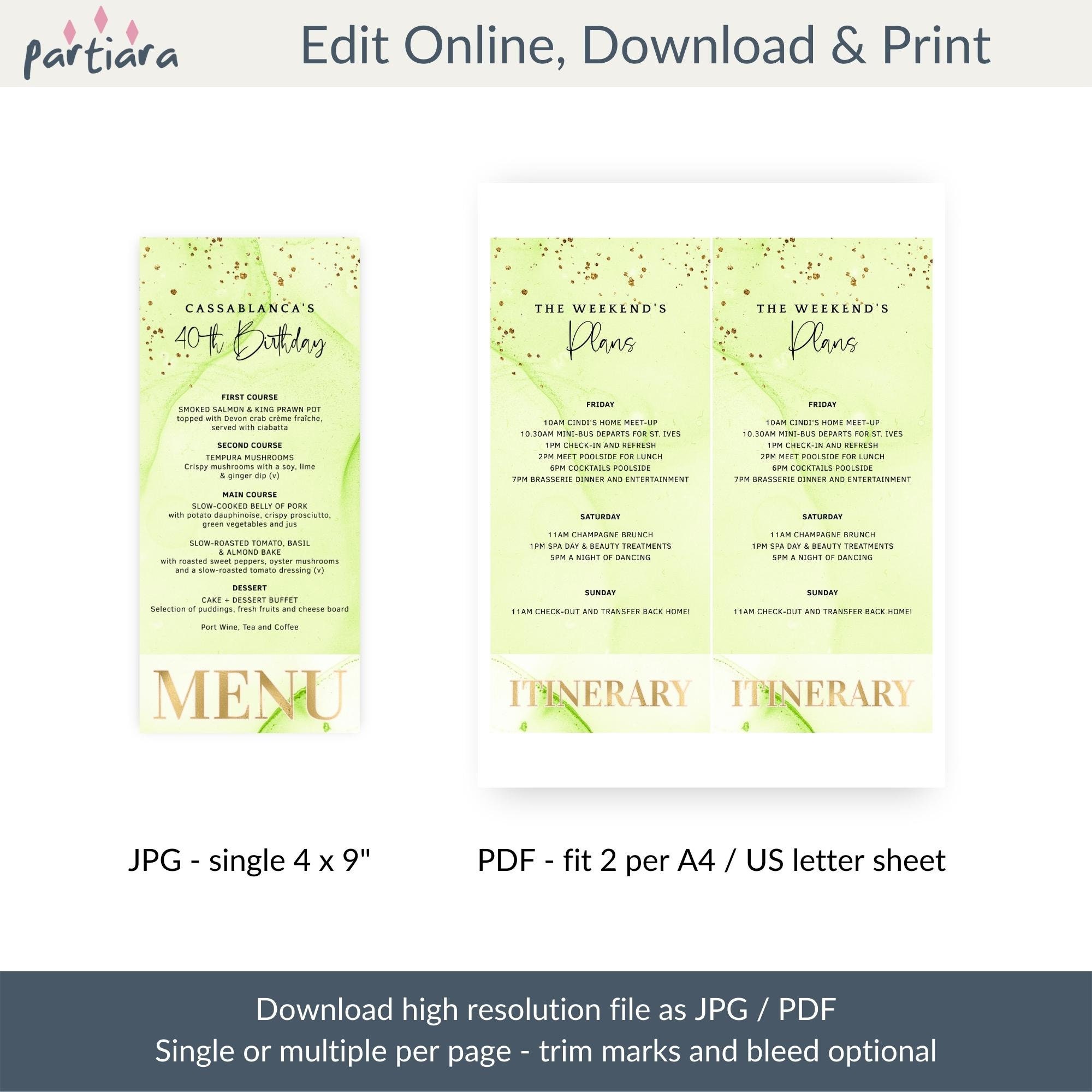 Lime Green Gold Menu Card Editable Template Ladies Brunch Lunch or ...