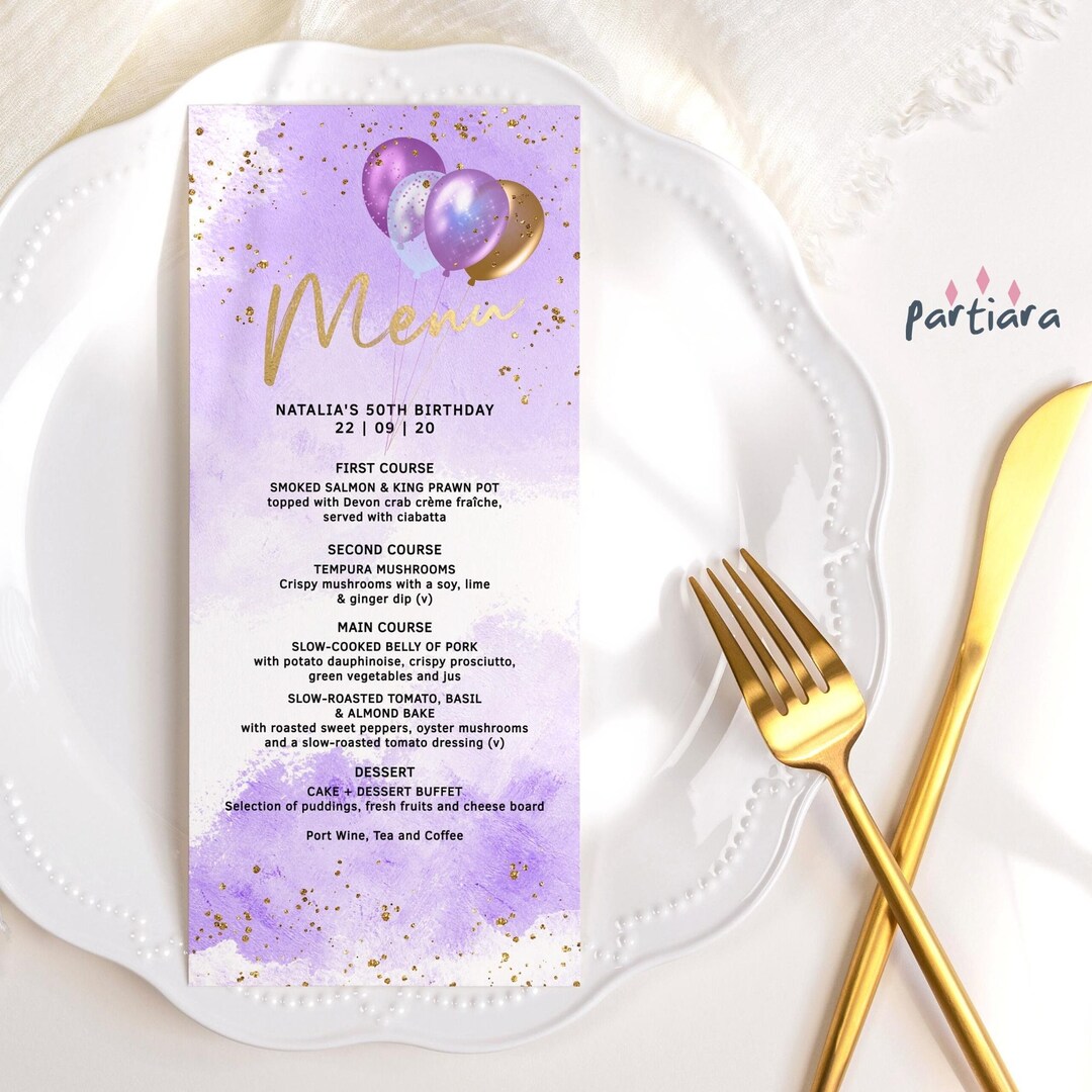 Purple Gold Menu Cards Printable Lilac Balloons Birthday Dinner Party ...