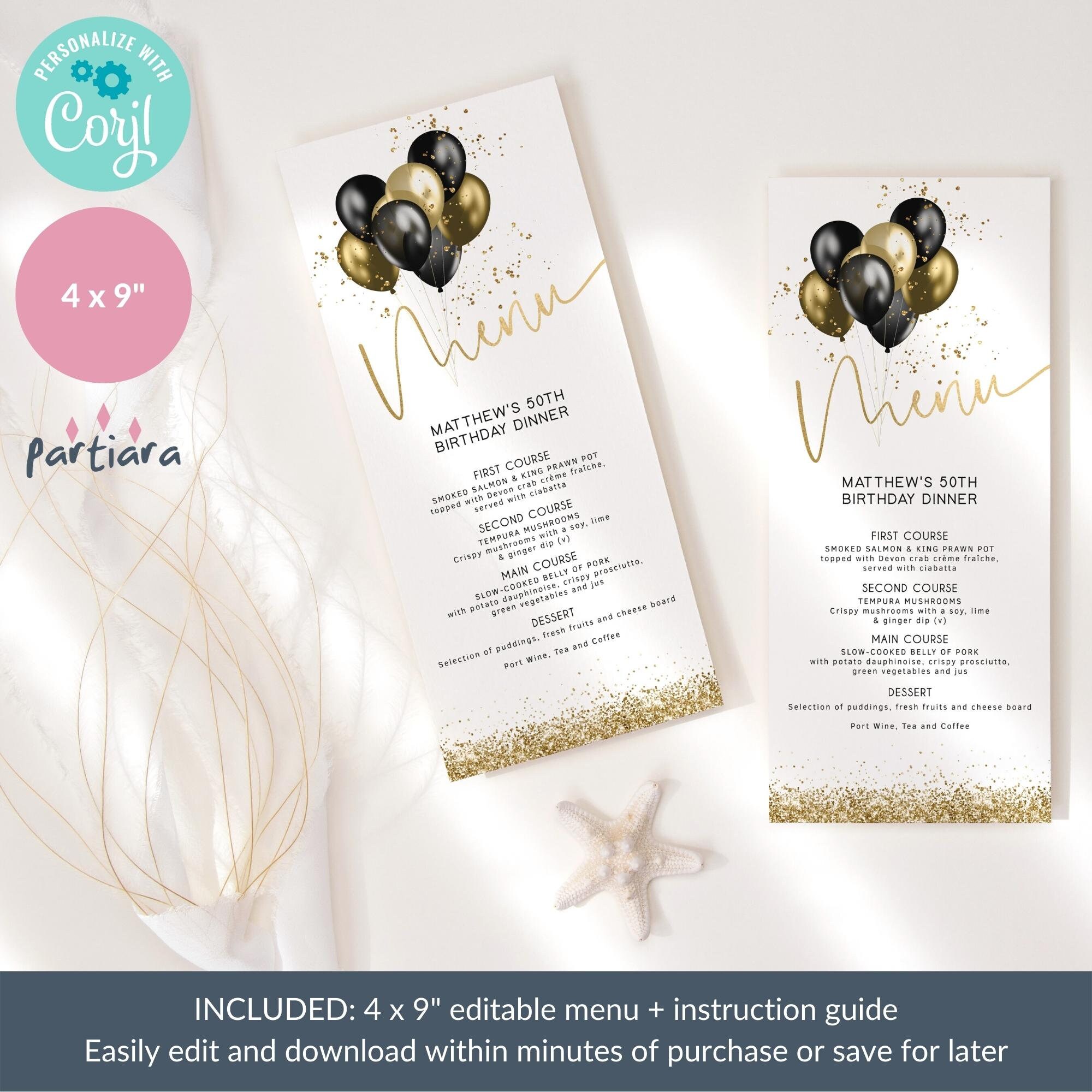 Black Gold Birthday Menu Card Editable Template Men or Ladies ...