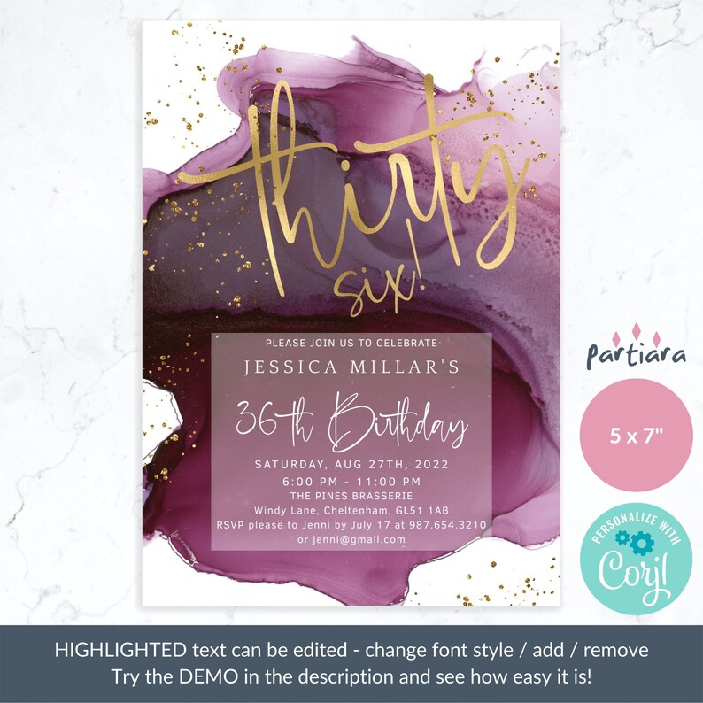 Editable Adult Birthday Invitation Template 36th Party Invites Etsy