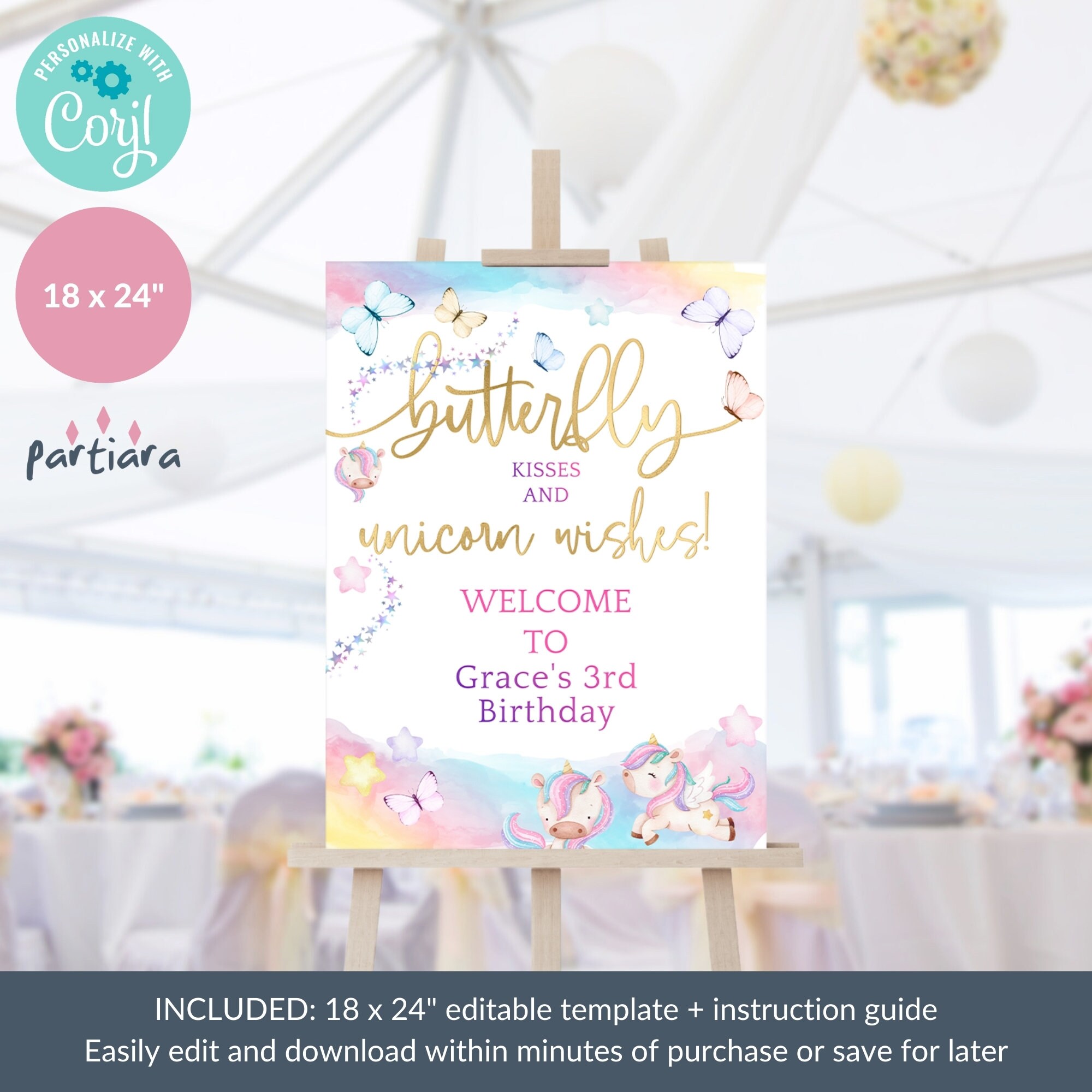 Butterfly Kisses Unicorn Birthday Welcome Sign Template, Girls Pastel ...