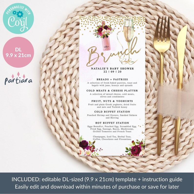Editable Brunch Menu Template, Printable Champagne Brunch Birthday ...