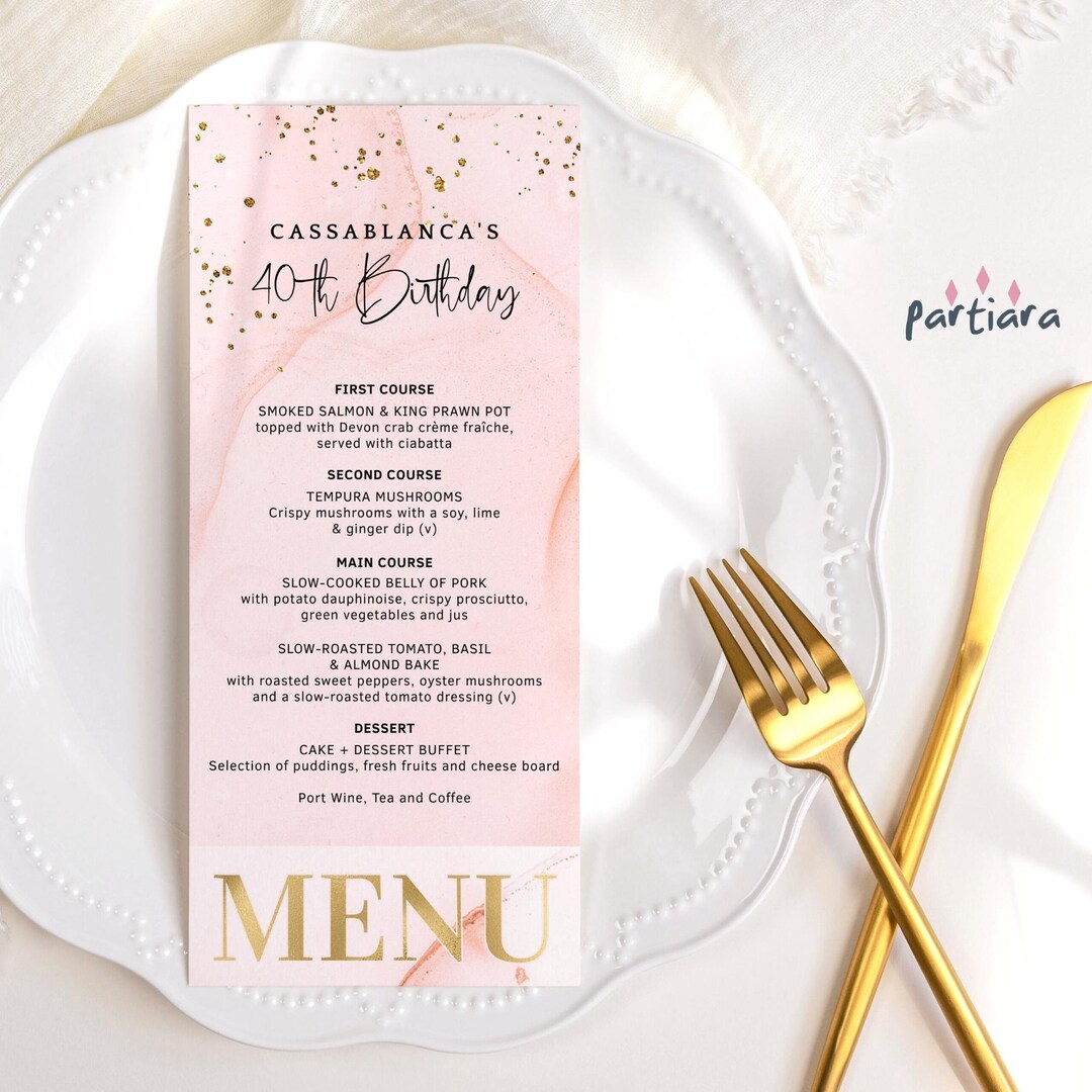 Pink Brunch Menu Card Editable Template, Birthday Dinner Menus ...