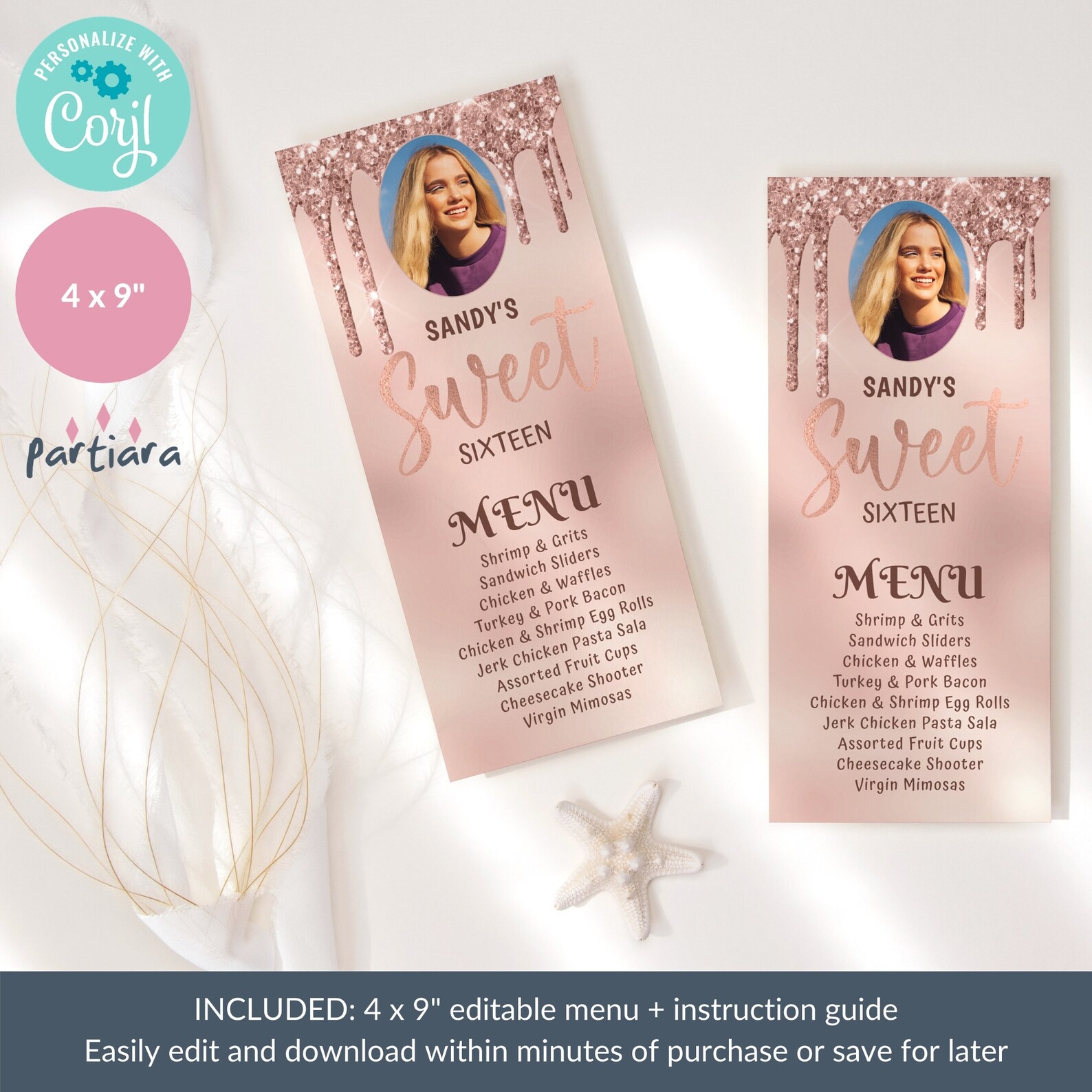 Sweet 16 Menu, 16th Birthday Photo Menu Cards Printable, 4x9 Table ...