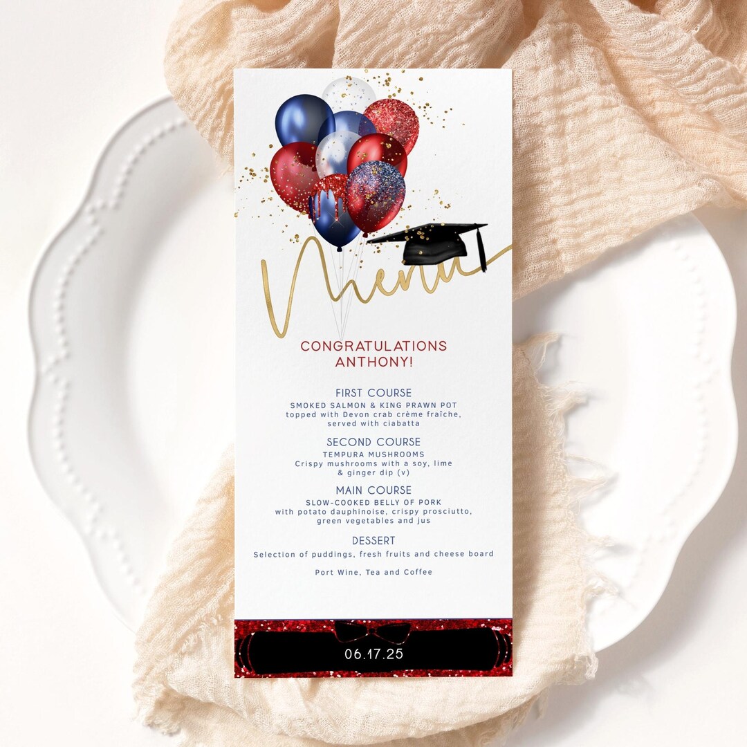 Graduation Menu Template, Red White Blue Grad Party Menus Printable ...