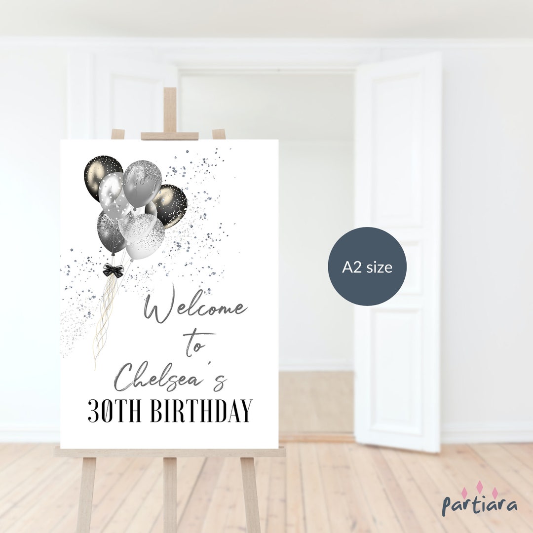 Silver Grey Balloons Birthday Welcome Sign Board Printable DIY Men or ...