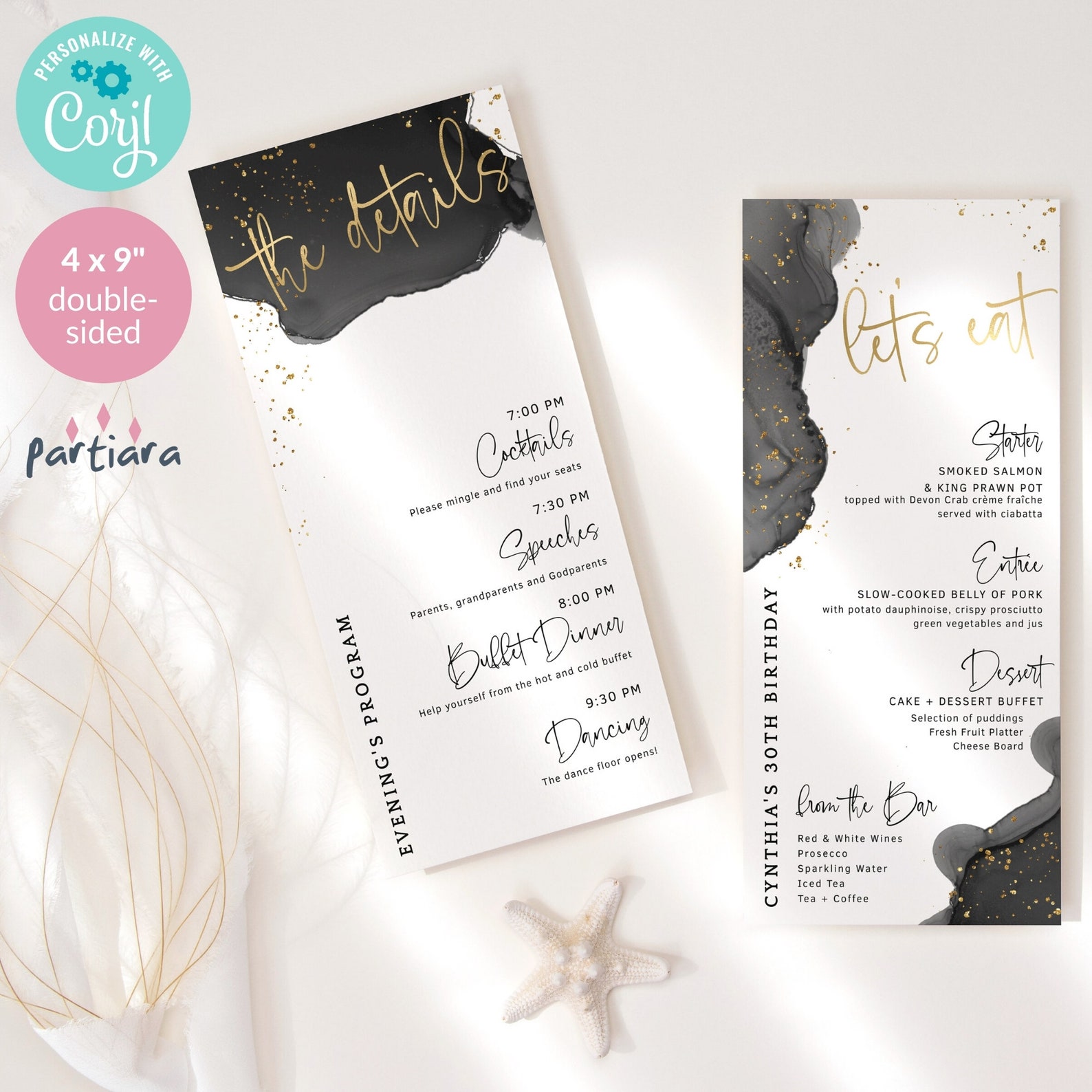 Black Gold Menu and Program DIY Editable Adult Birthday Party Menus ...