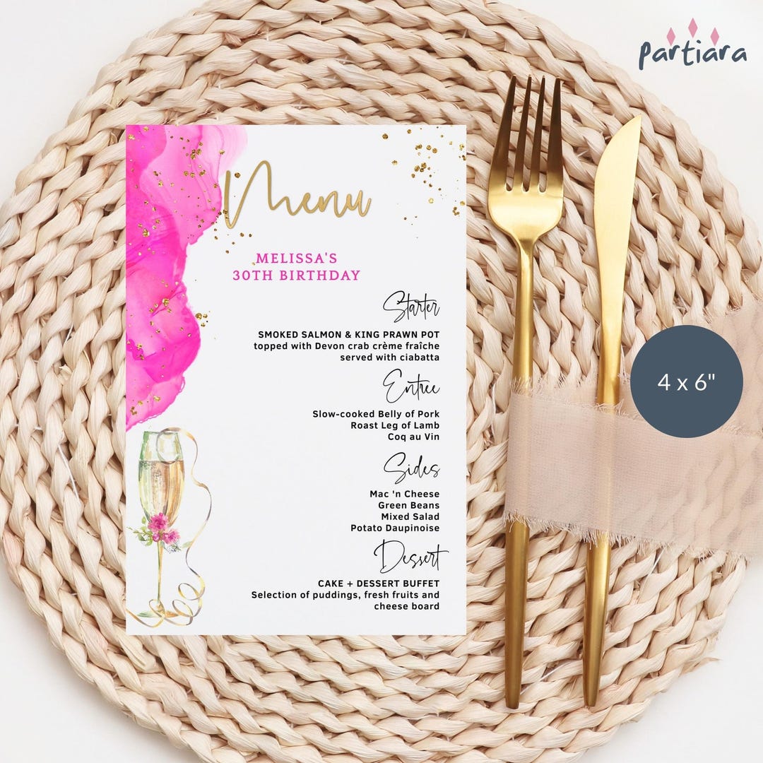 Ladies Birthday Menu Hot Pink Party Template, Brunch Lunch or Dinner ...
