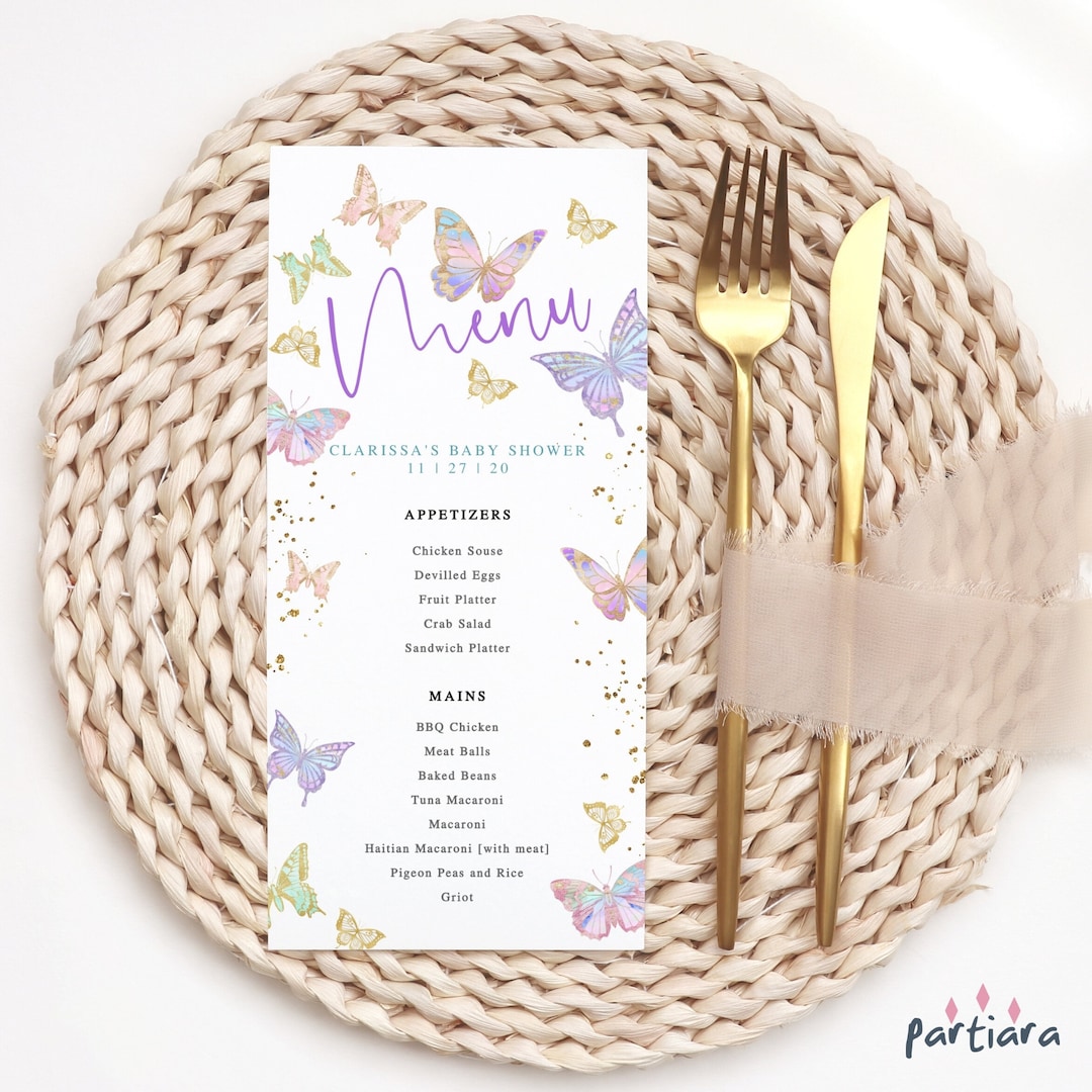 EDITABLE Butterflies Menu Card Template Printable Baby Shower Table ...