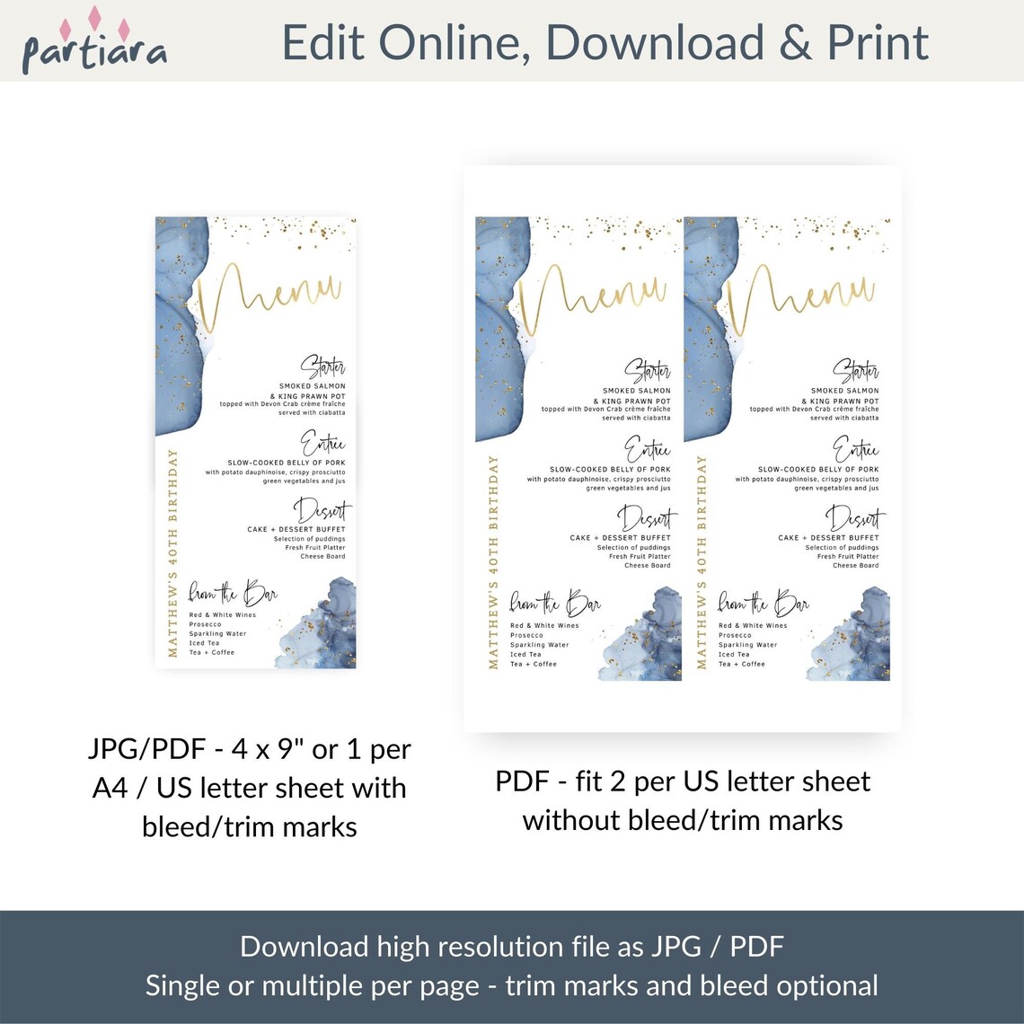 Navy Blue Gold Menu Card Editable Birthday Party Table Menus - Etsy