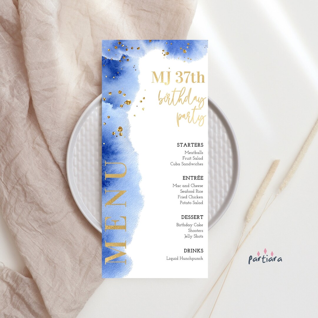 Blue and Gold Menu Card Editable Birthday Party Slim Table Menus ...