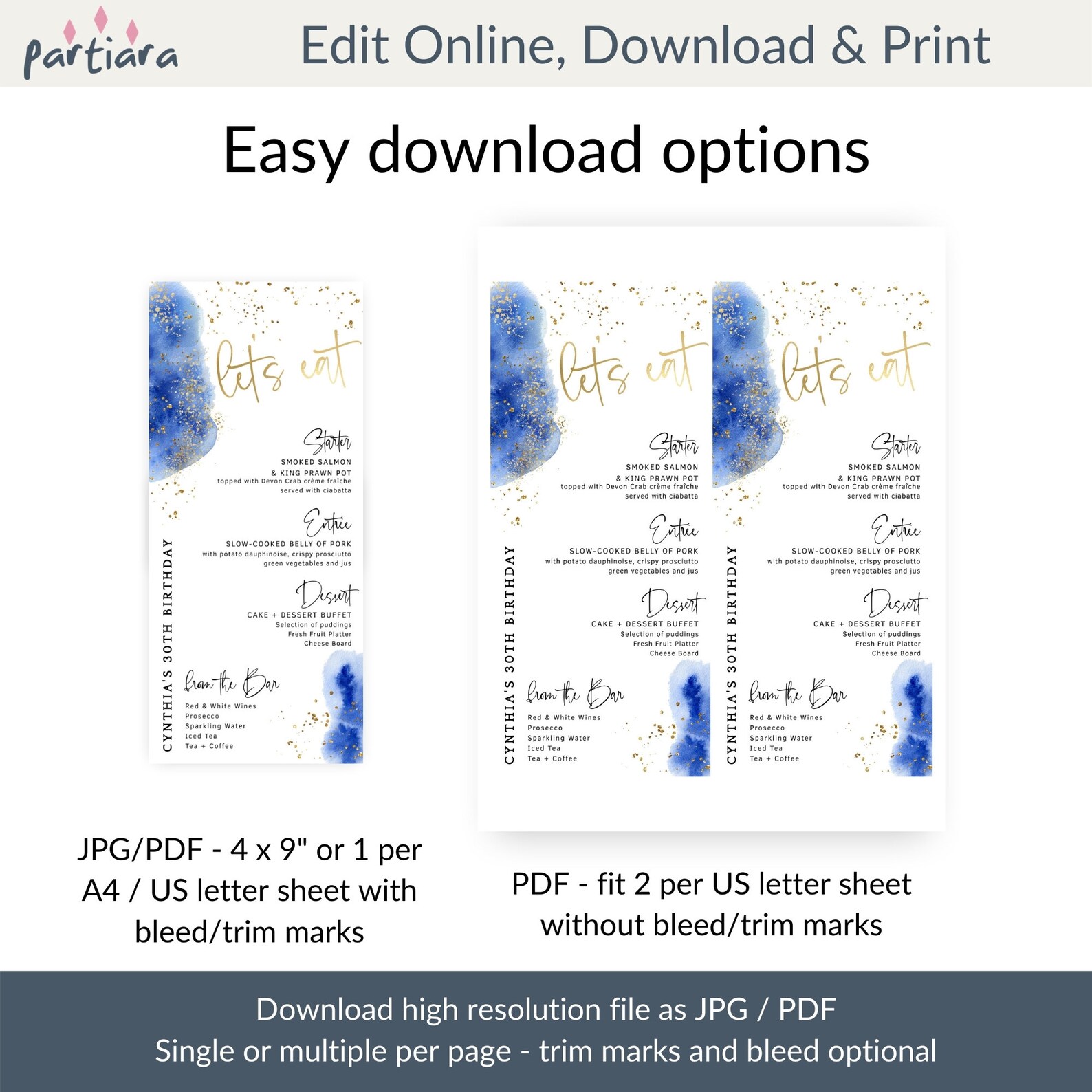 Editable Blue Menu Template, Royal Blue Birthday Menus Printable ...