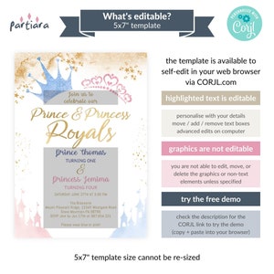 Royal Prince Princess Birthday Invitation Editable Template Boy Girl ...
