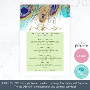 Editable Peacock Menu Template Wedding Reception Menus Bridal Shower ...