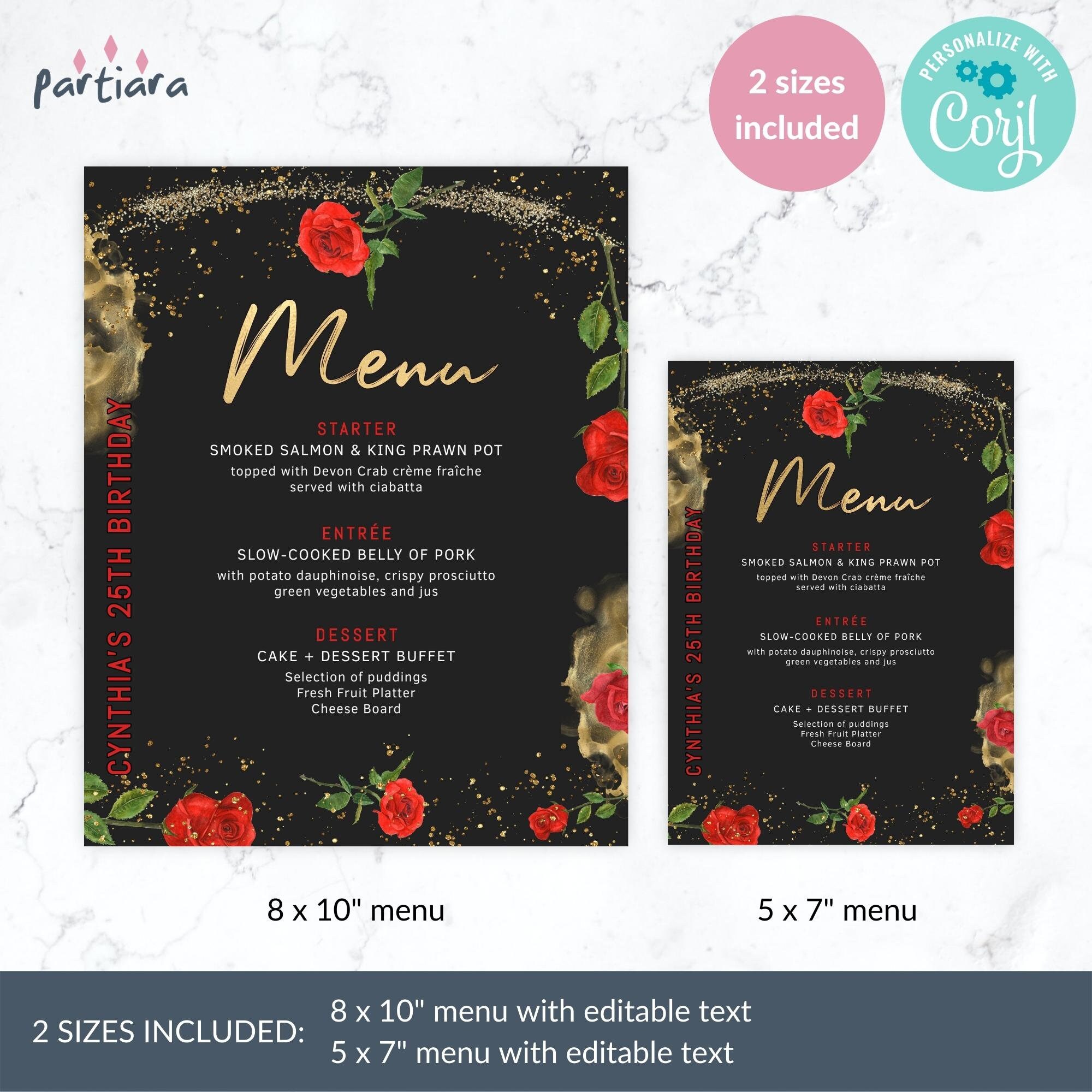 Anniversary Menu Card Red Roses Birthday Menus Black and Gold - Etsy