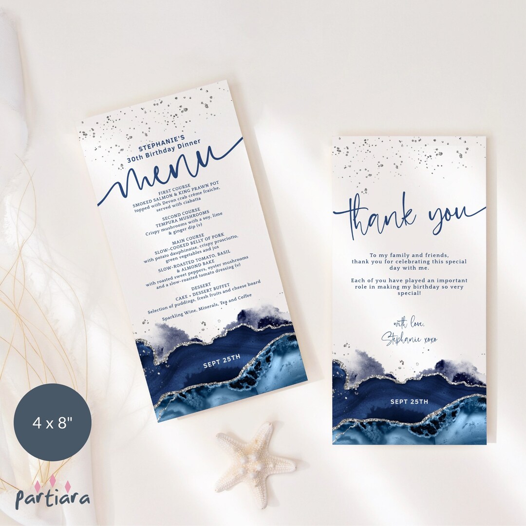 Blue Silver Birthday Menu Card Template, Table Welcome and Thank You ...