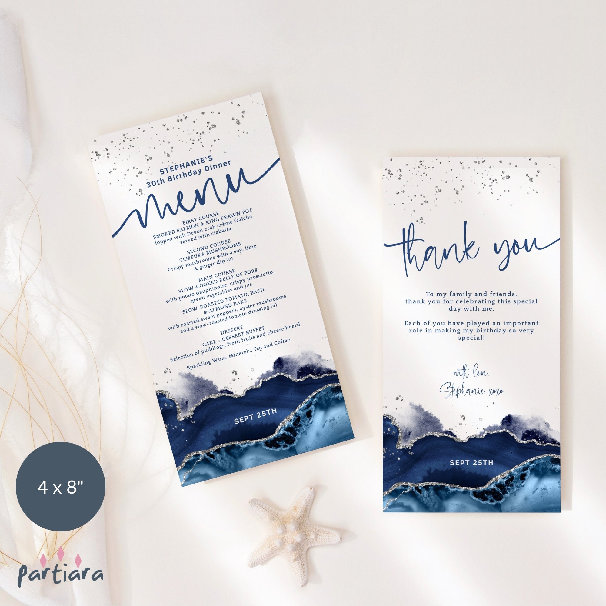Blue Silver Birthday Menu Card Template, Table Welcome and Thank You ...