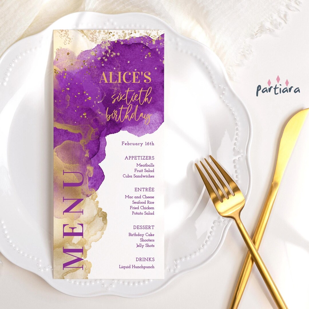 Royal Purple Gold Menu Card Editable Template Ladies Birthday Dinner ...