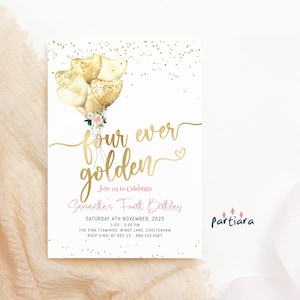 Four Ever Golden 4th Birthday Invitation Template for Girls, Pink Gold ...