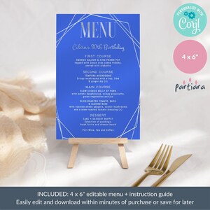 Royal Blue Menu Template, Place Setting Menus Printable, Birthday ...