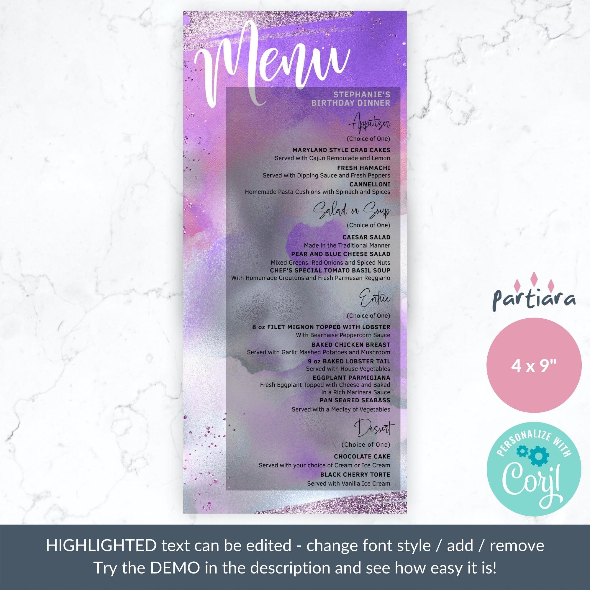 Purple Silver Editable Menu Card Template Ladies Birthday - Etsy