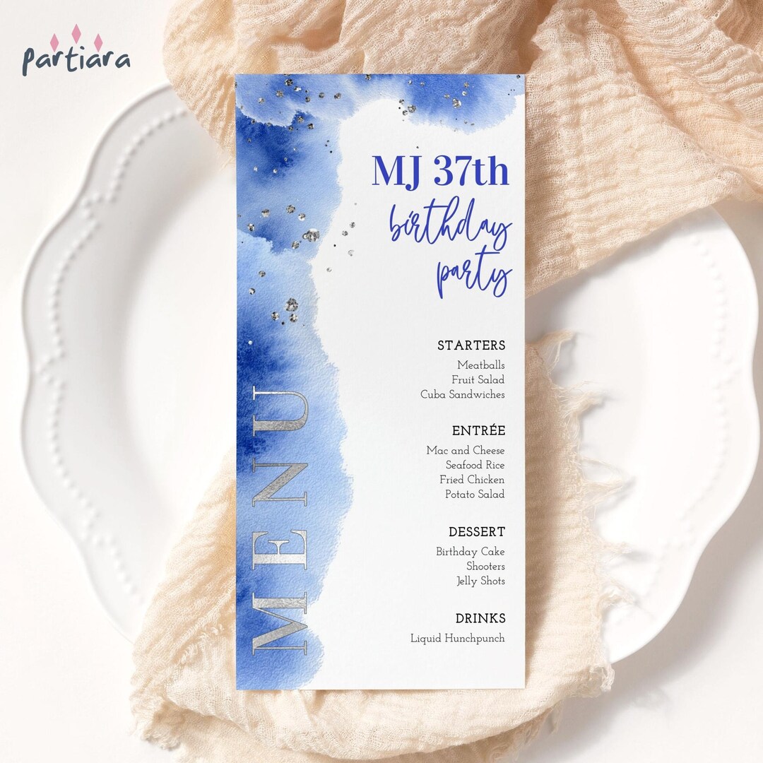 Blue Menu Card Editable Template, Royal Blue Menus Printable, Fathers ...