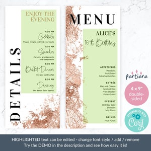 Rose Gold Menu Program Card Printable Teen Girls Ladies Birthday Dinner ...