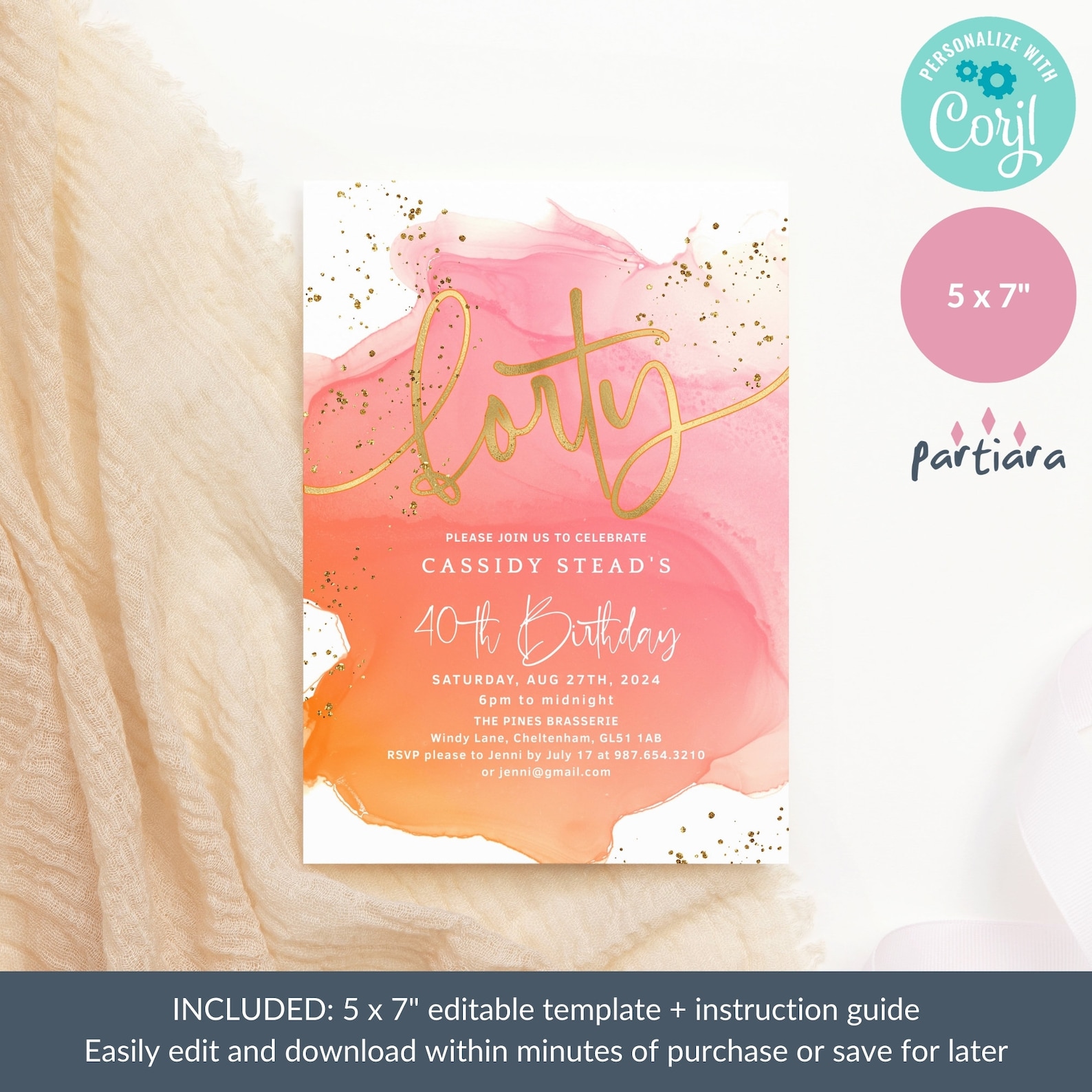 40th Birthday Invitation Template, Summer Sunset Cocktail Party Invites ...