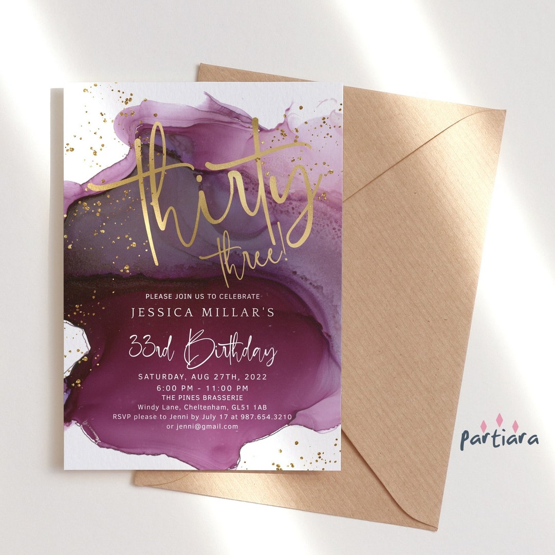 33rd Birthday Invitation Printable, Maroon Dinner Party Invites ...