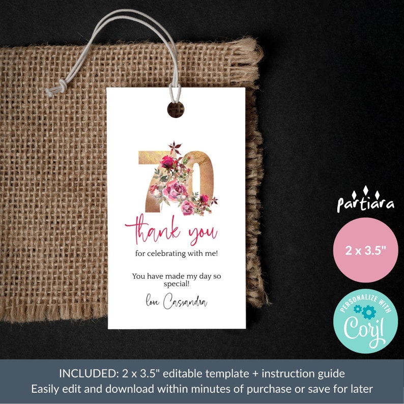 Ladies 70th Birthday Favor Tags Printable Pink Red Roses Gift Thank You ...