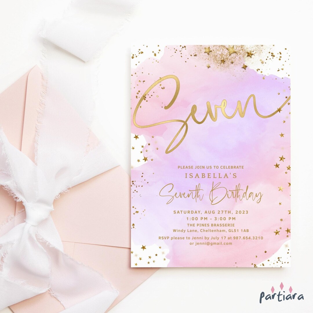 Pink 7th Birthday Invitation Digital Download, Girls Turning Seven ...