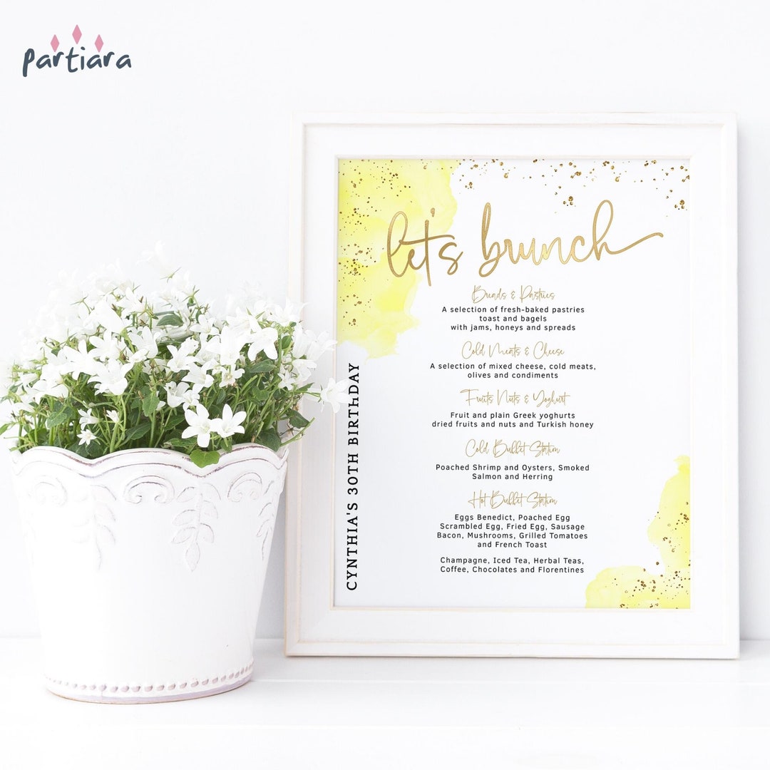 Brunch Menu Template, Yellow Birthday Brunch Menu Sign Printable ...