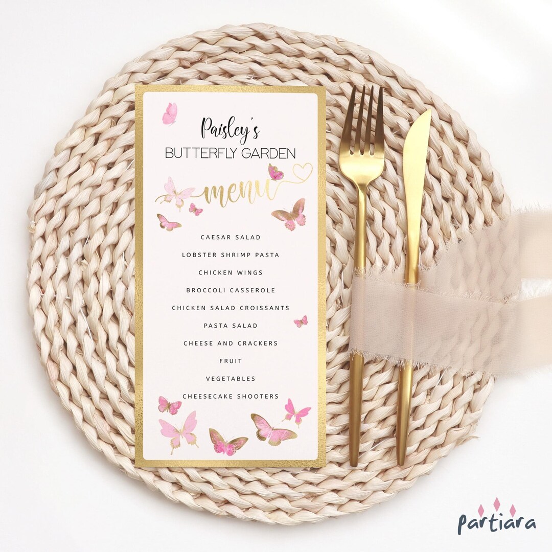 Girls Pink Gold Butterfly Menus Printable Teen Girl's Party Table Menu ...