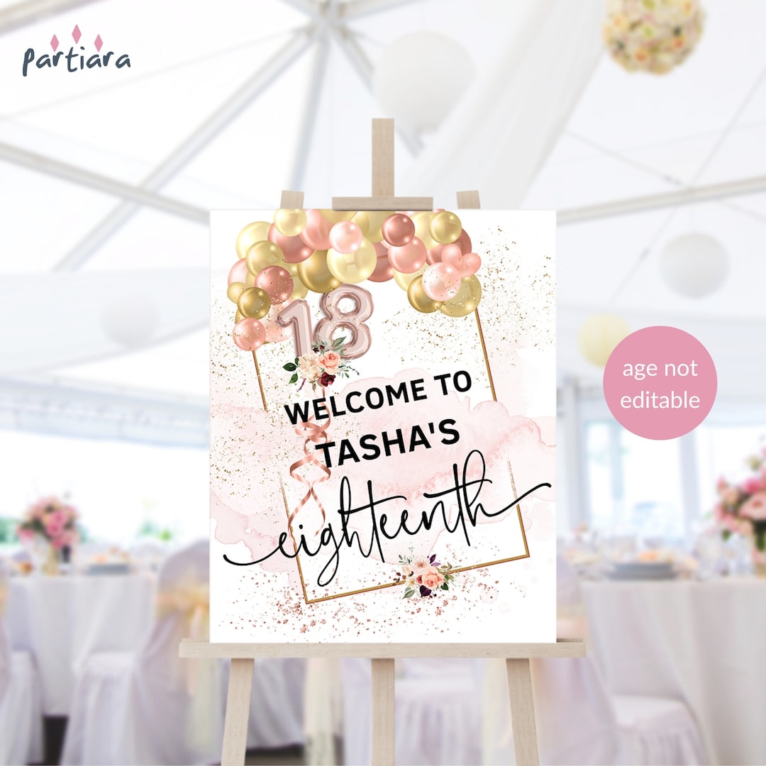 18th Birthday Welcome Sign Rose Gold Balloons Dinner Party Welcome ...