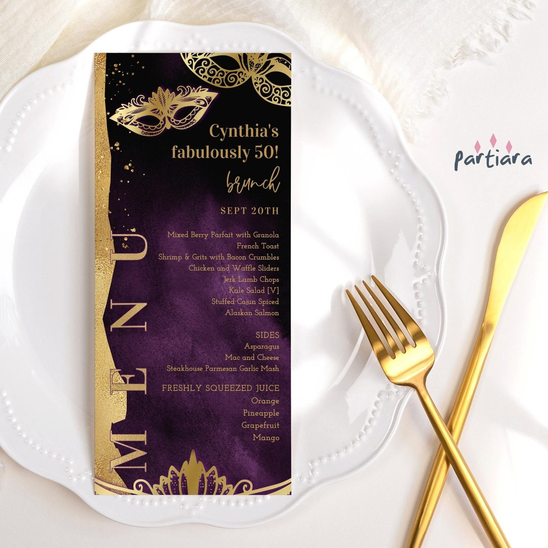 Masquerade Menu Template, Mardi Gras Menu Card, Birthday Dinner ...