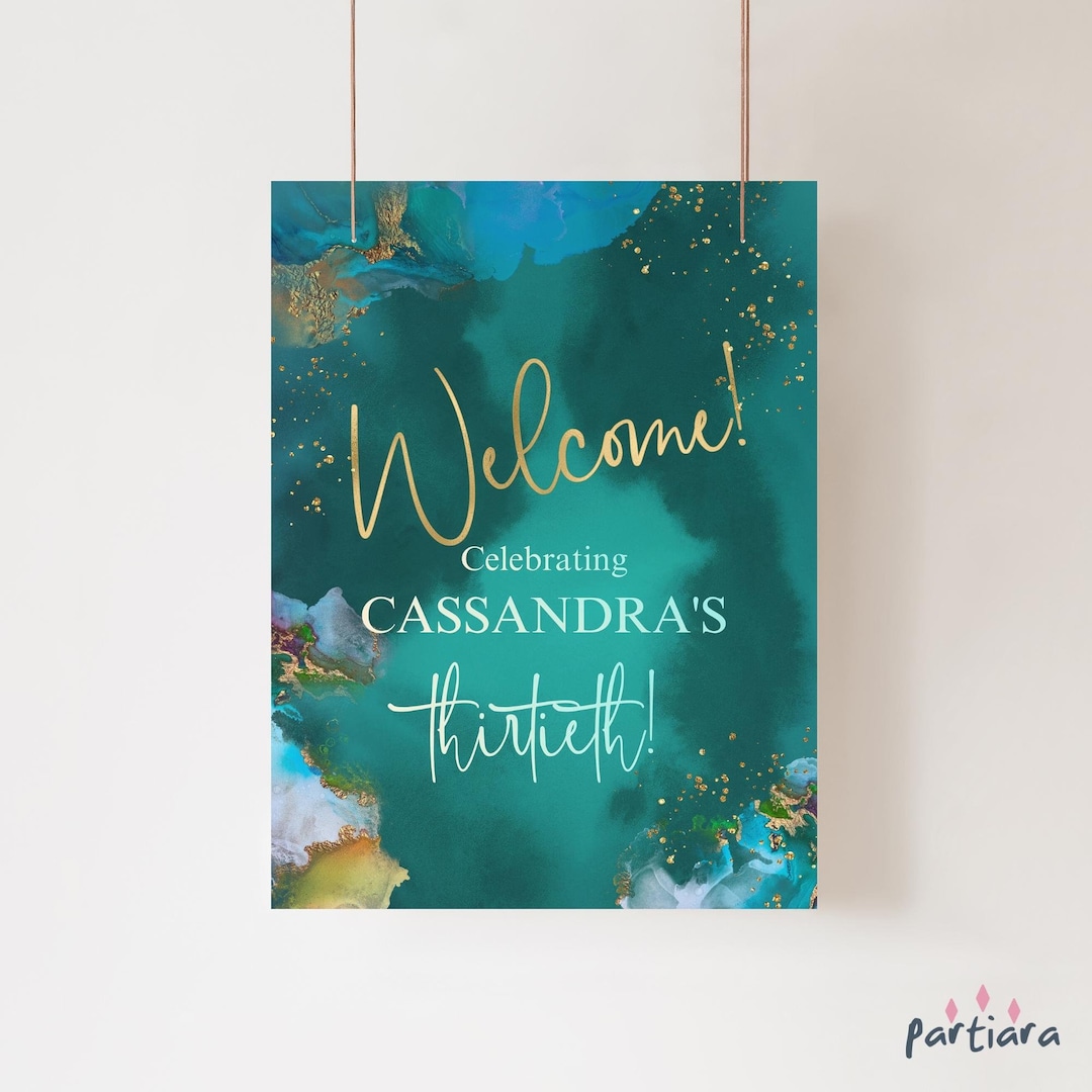 Green Gold Birthday Welcome Sign Printable Emerald Teal Blue - Etsy