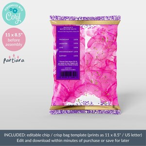 Teen Girls Birthday Chip Bags Printable Purple Hot Pink Gold Disco ...