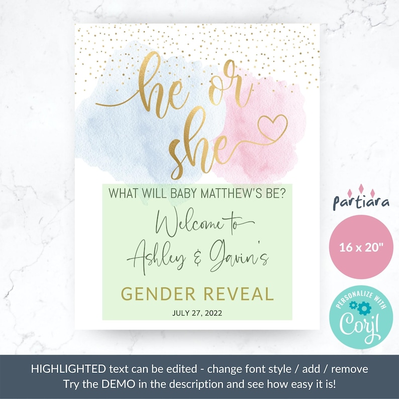 He or She Baby Gender Reveal Sign Printable Party Welcome - Etsy